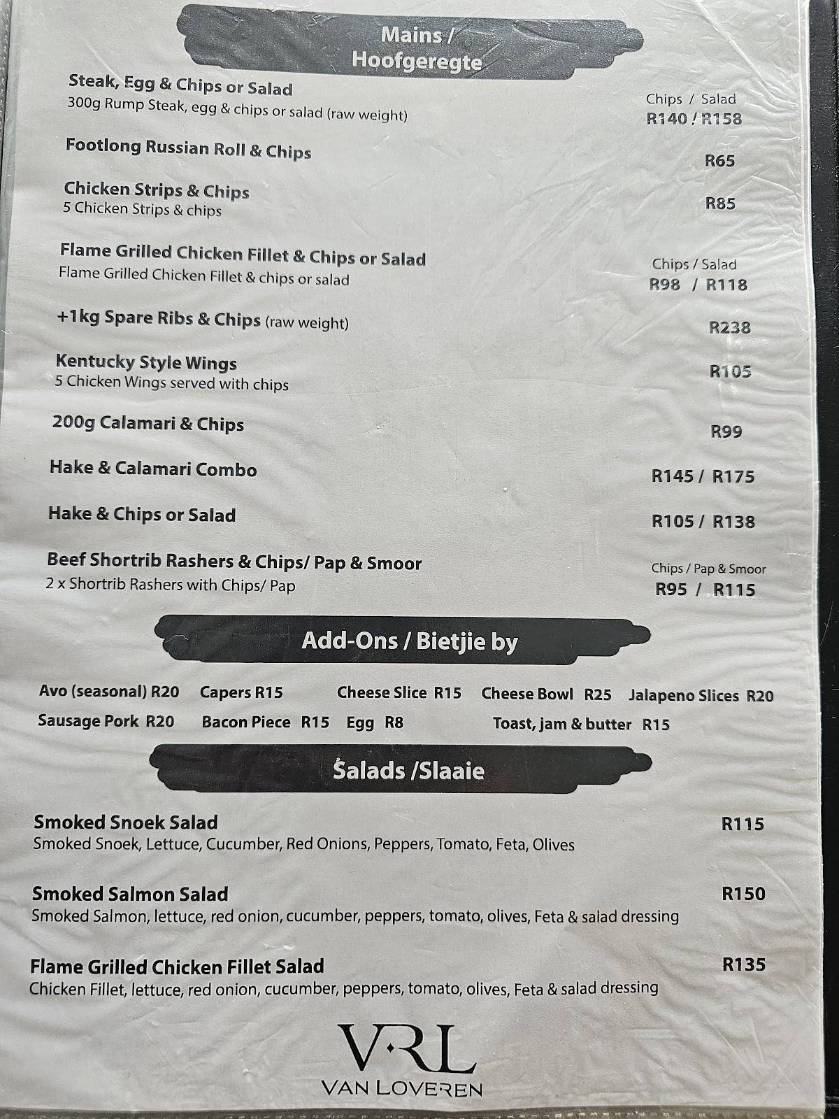 Menu at River Restaurant & Shipwreck Bar, Velddrif
