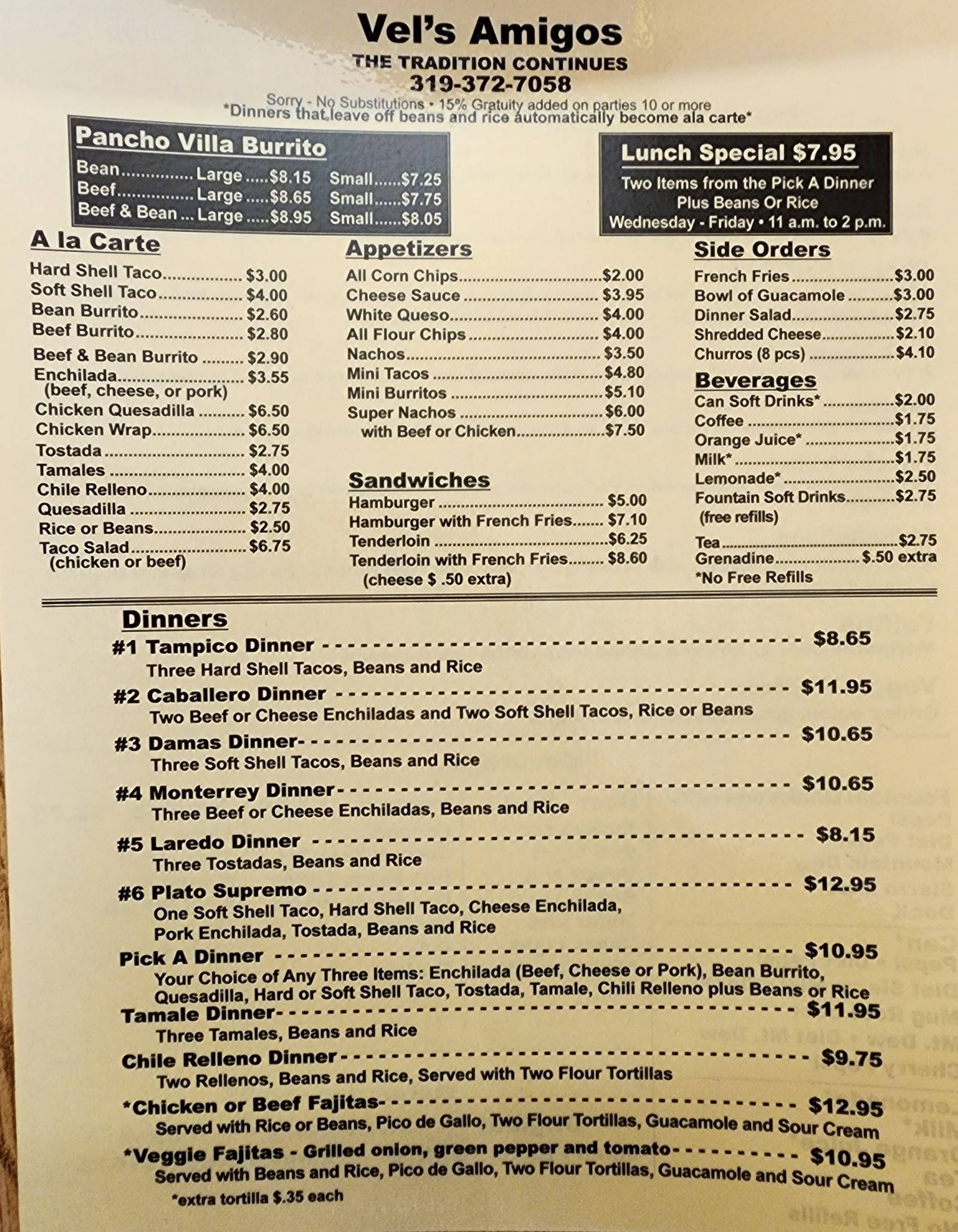 Menu at Vel's Amigos Continued restaurant, Fort Madison, 37th St #3315