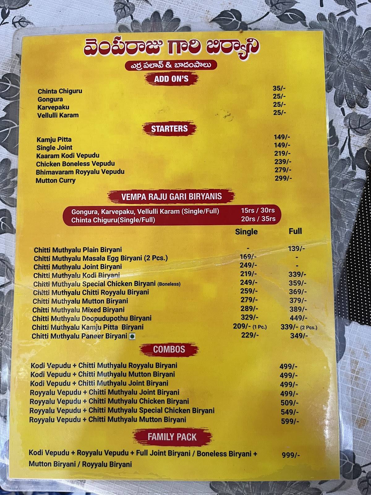 Menu at Vempa Raju Gari Biryani, Hyderabad