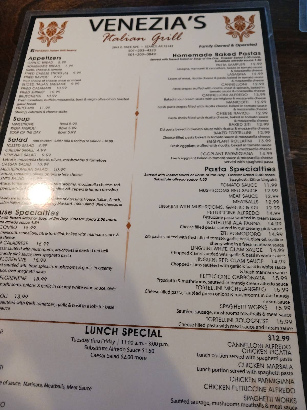 Menu at Venezia's Italian Grill restaurant, Searcy