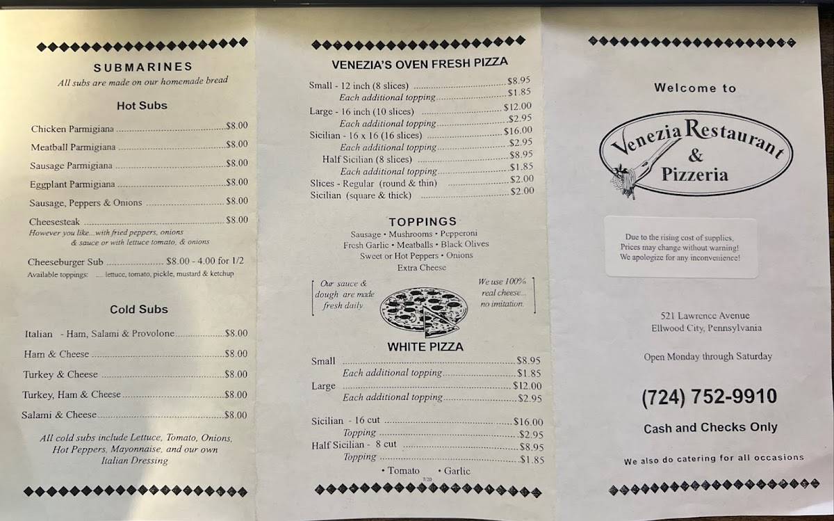 Menu at Venezia's Italian Restaurant & Pizzeria, Ellwood City