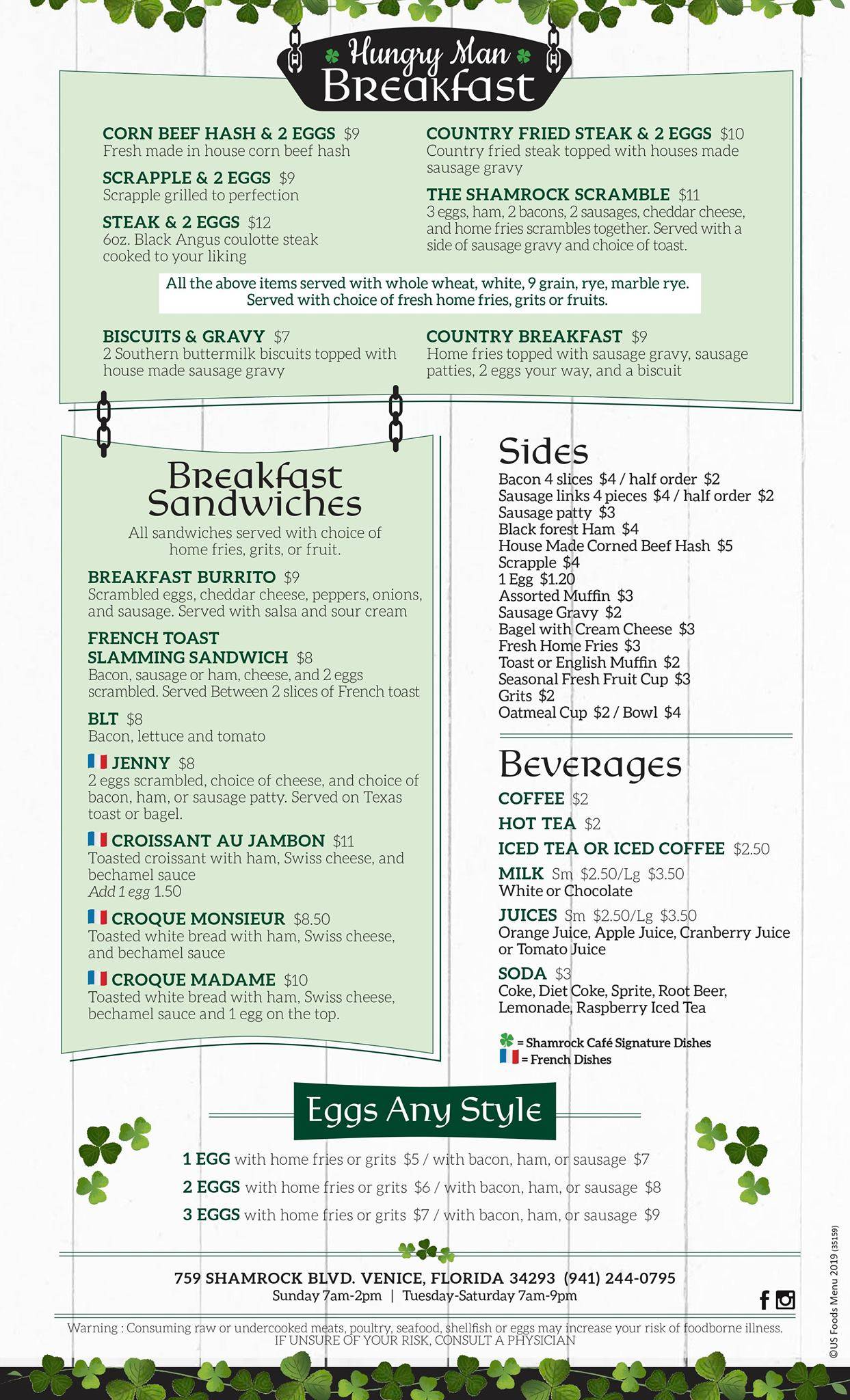 Menu at Shamrock Cafe, Venice