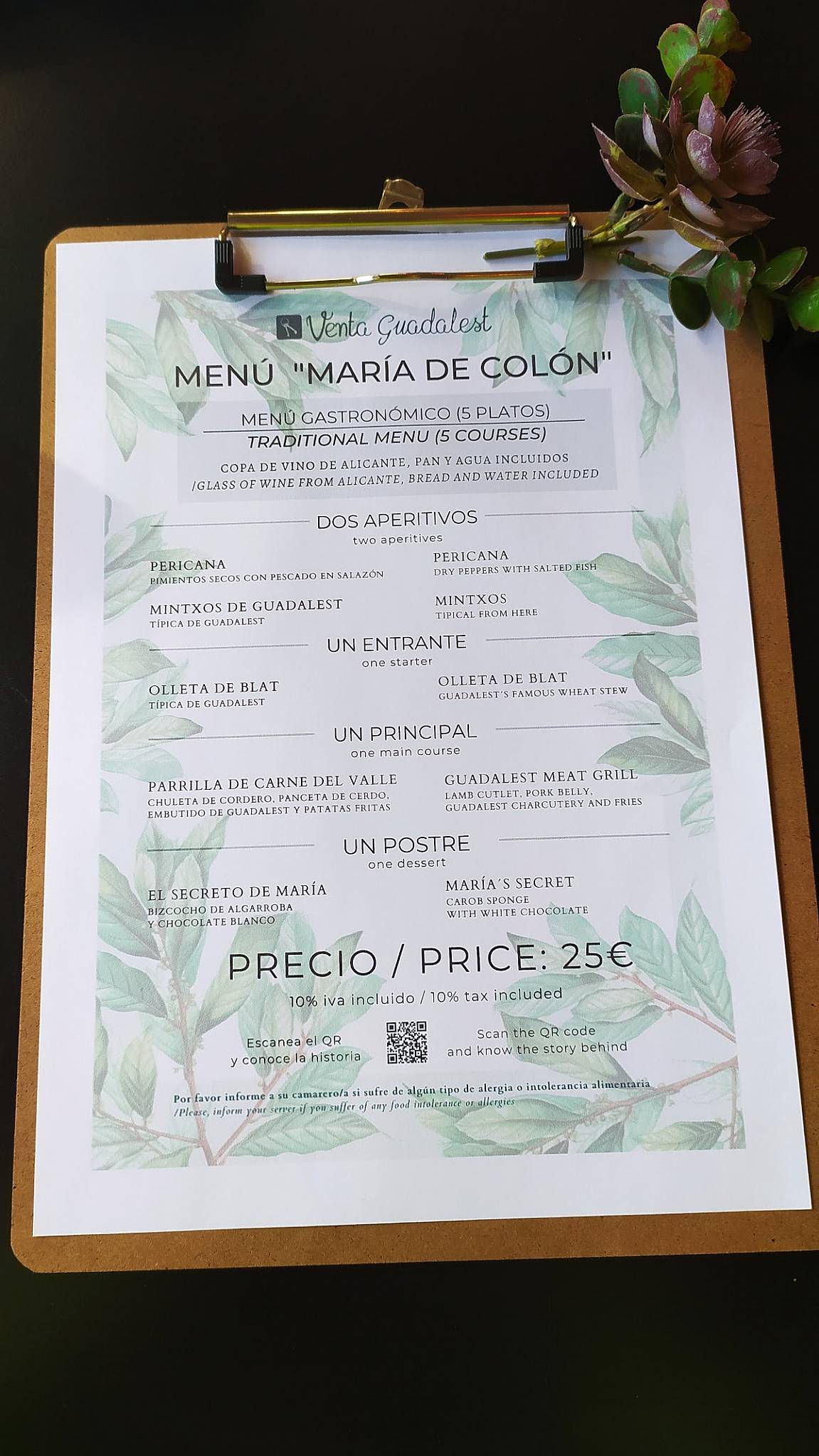 Menu at Venta Guadalest restaurant, El Castell de Guadalest