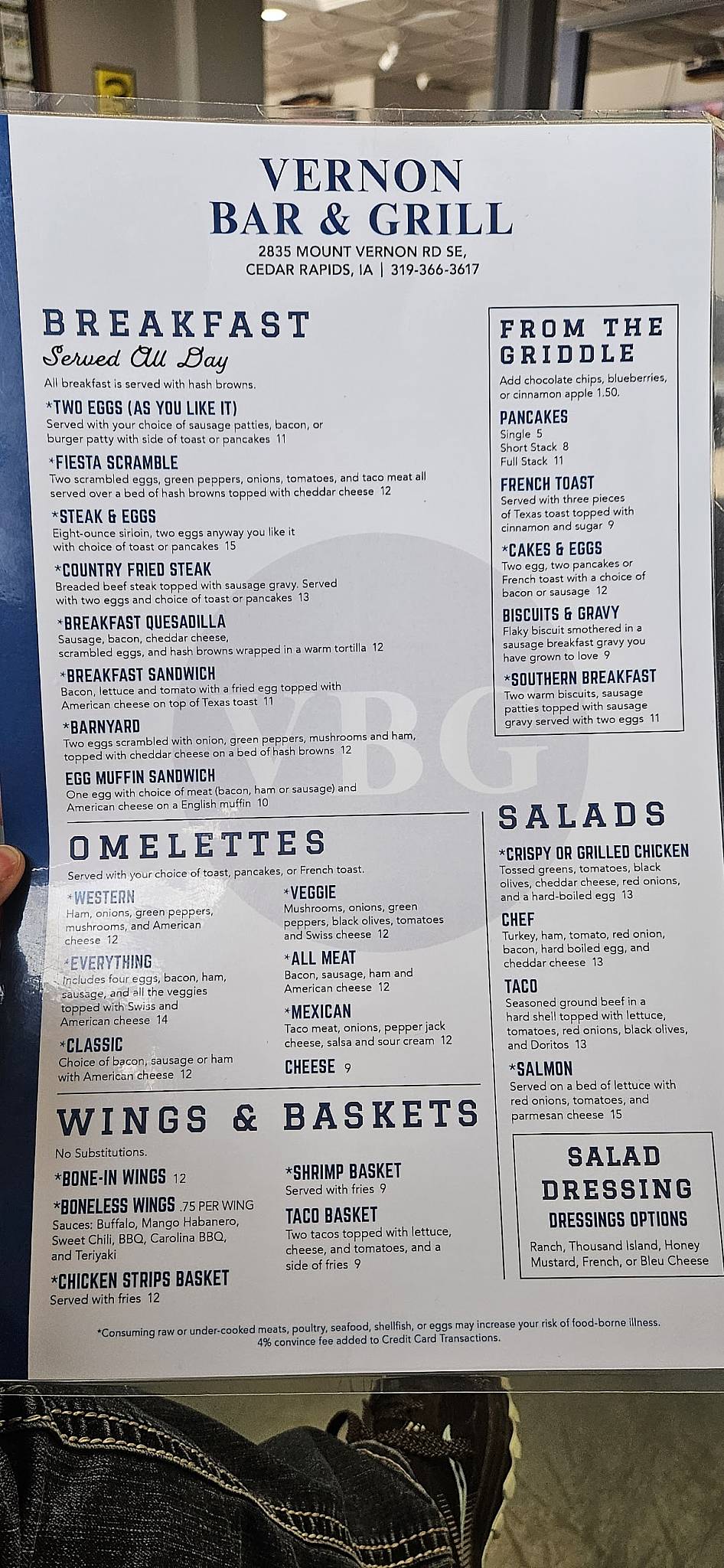 Menu at Vernon Bar & Grill, Cedar Rapids