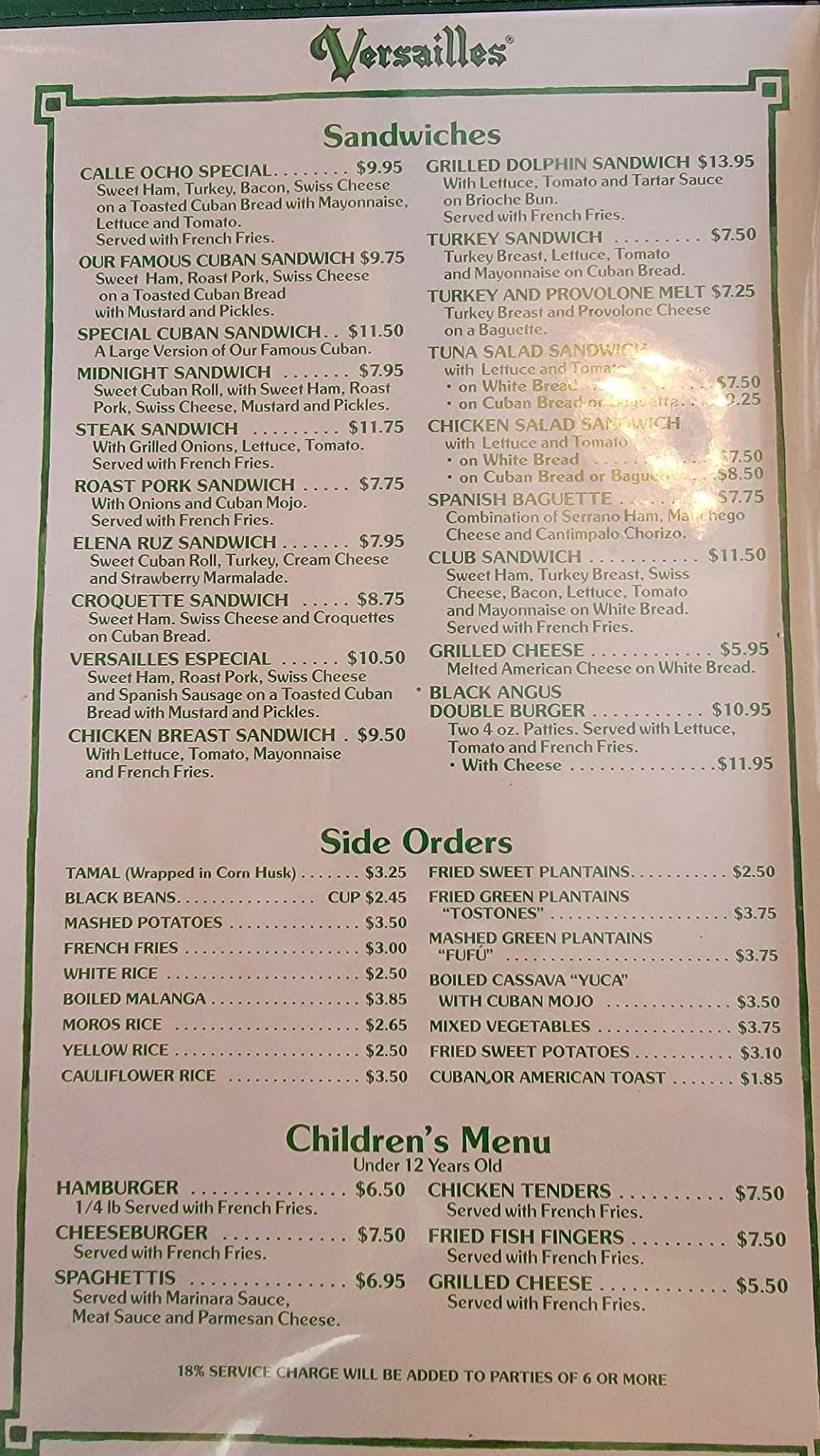 Menu at Versailles Restaurant Cuban Cuisine, Miami, SW 8th St