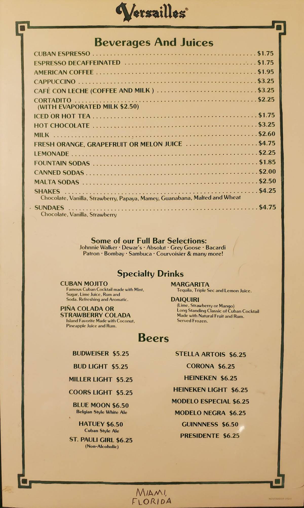 Menu at Versailles Restaurant Cuban Cuisine, Miami, SW 8th St