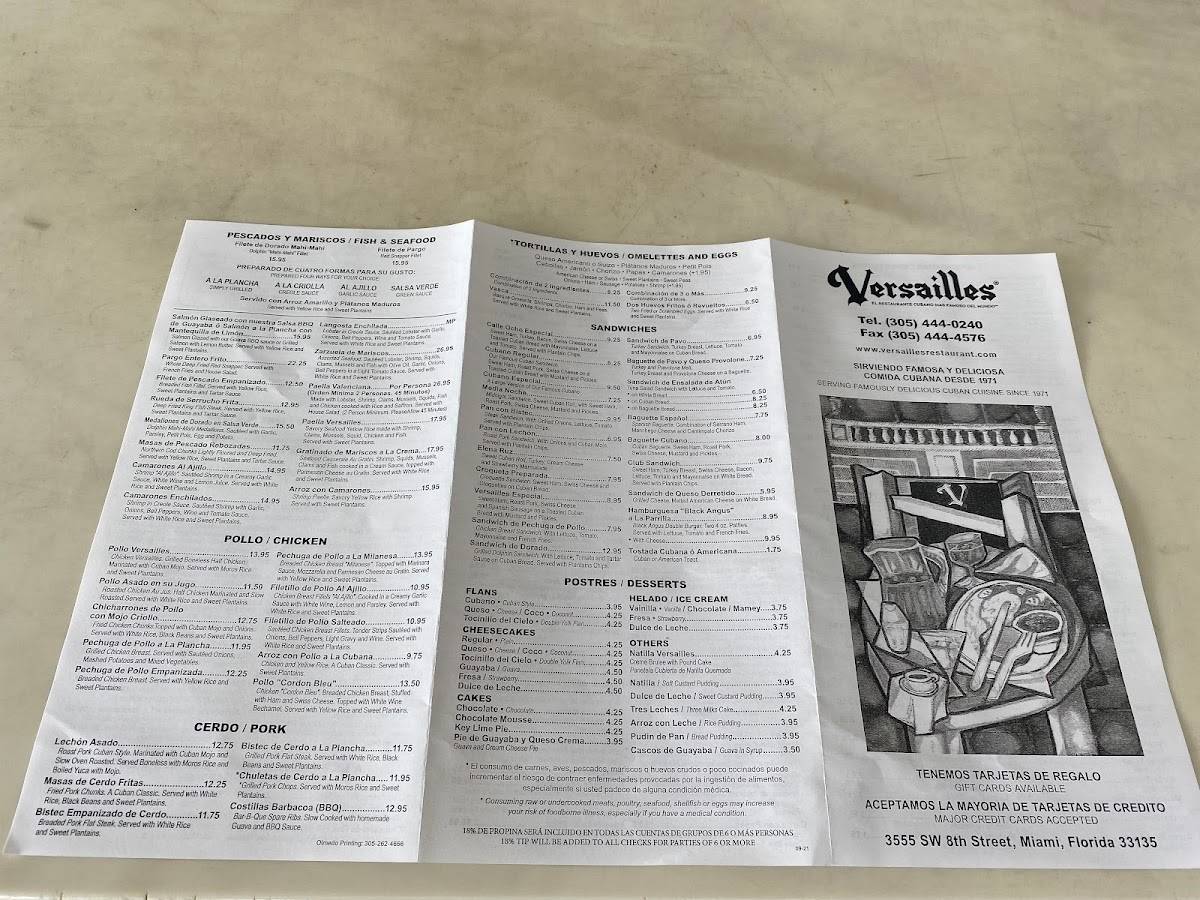 Menu at Versailles Restaurant Cuban Cuisine, Miami, SW 8th St