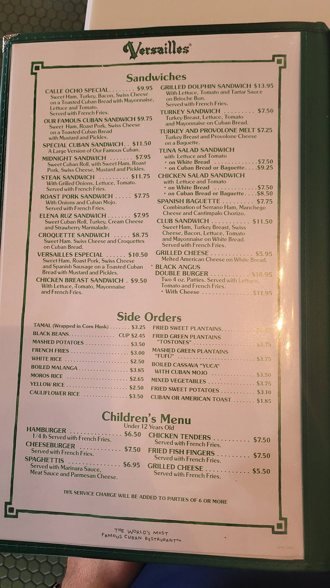 Menu at Versailles Restaurant Cuban Cuisine, Miami, SW 8th St