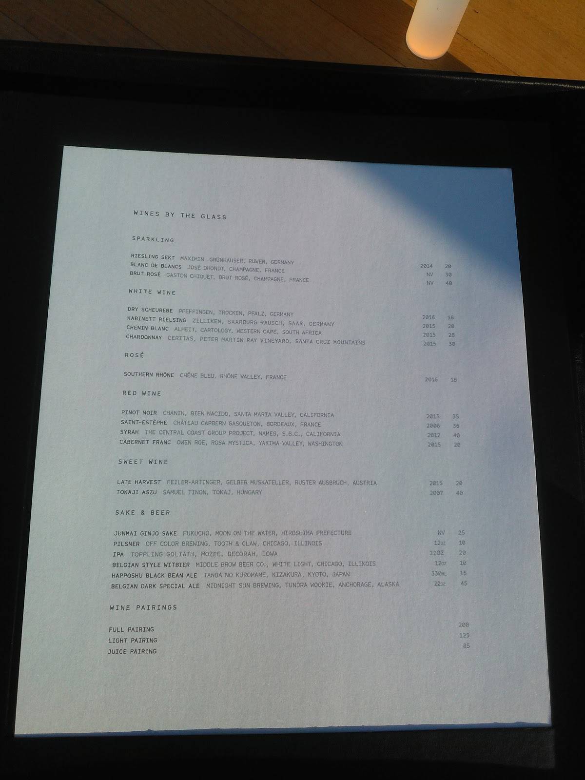 Menu at Vespertine restaurant, Culver City
