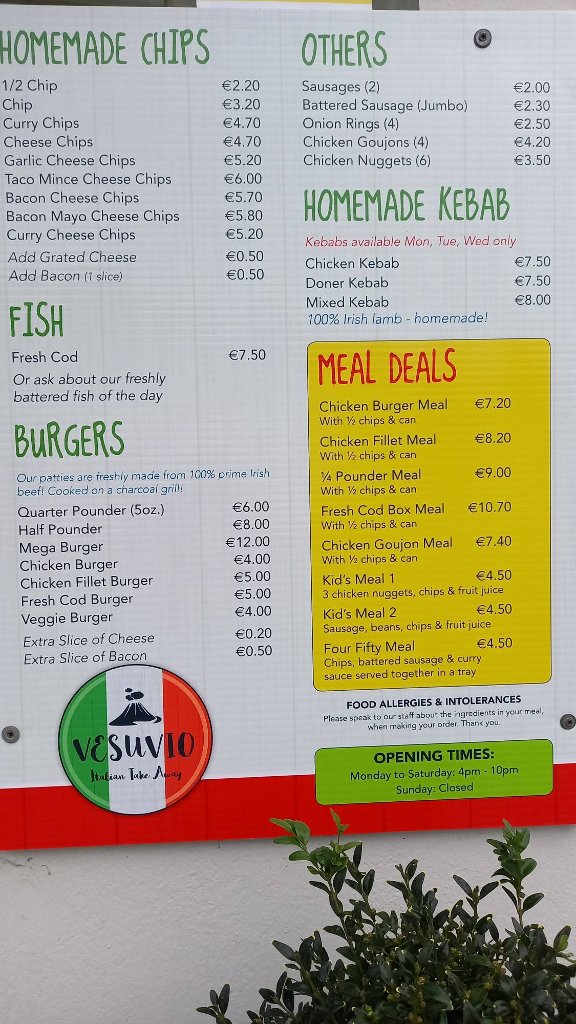 Menu at Vesuvio takeaway Ennis restaurant, Clarecastle