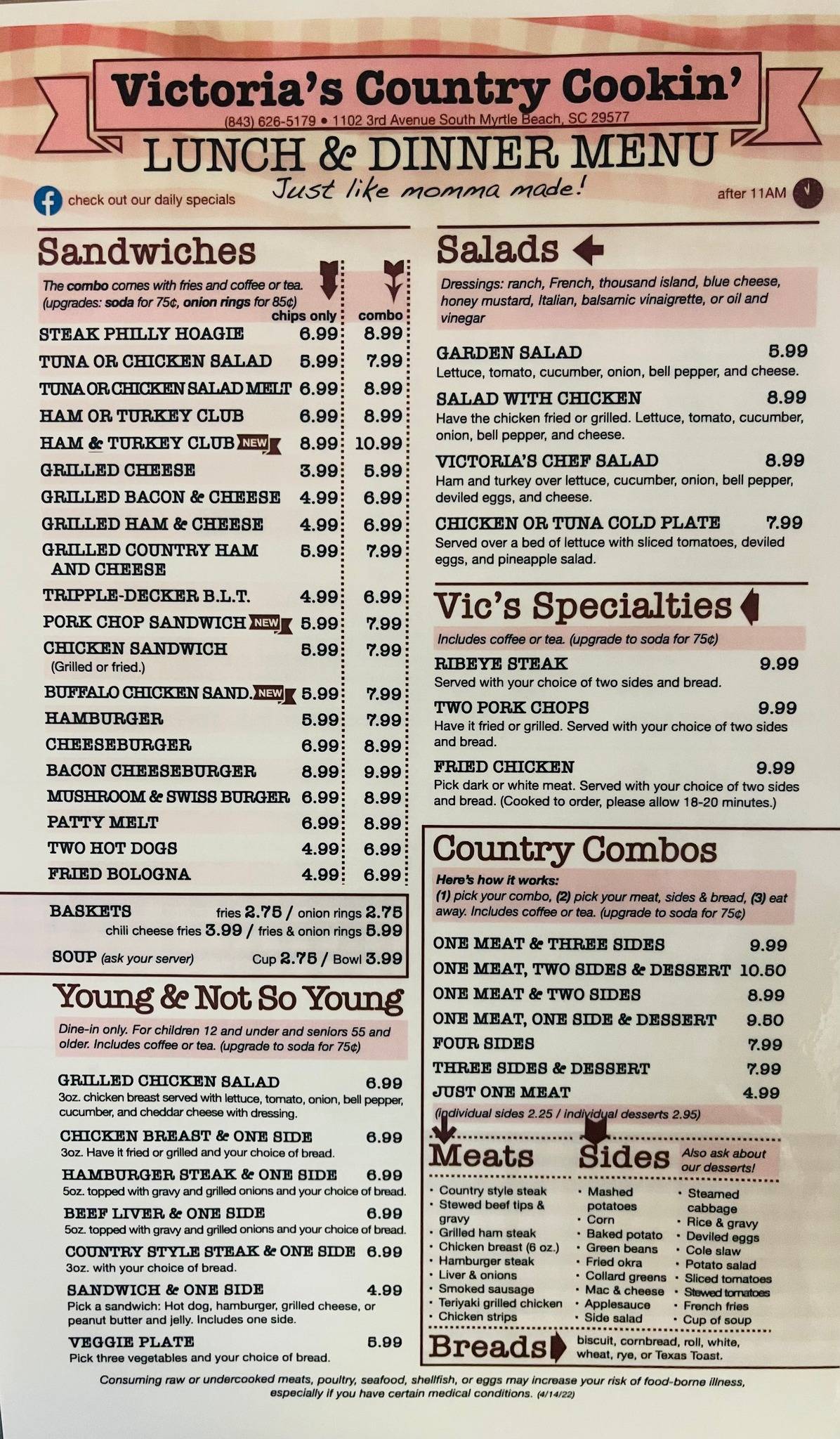 Menu at Victoria’s Country Cookin’ restaurant, Myrtle Beach
