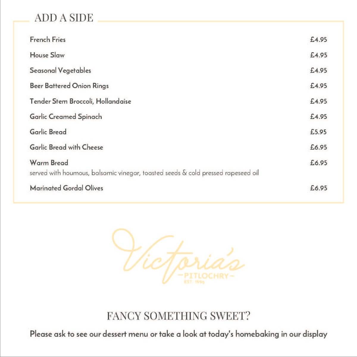 Menu at Victoria's Restaurant, Pitlochry