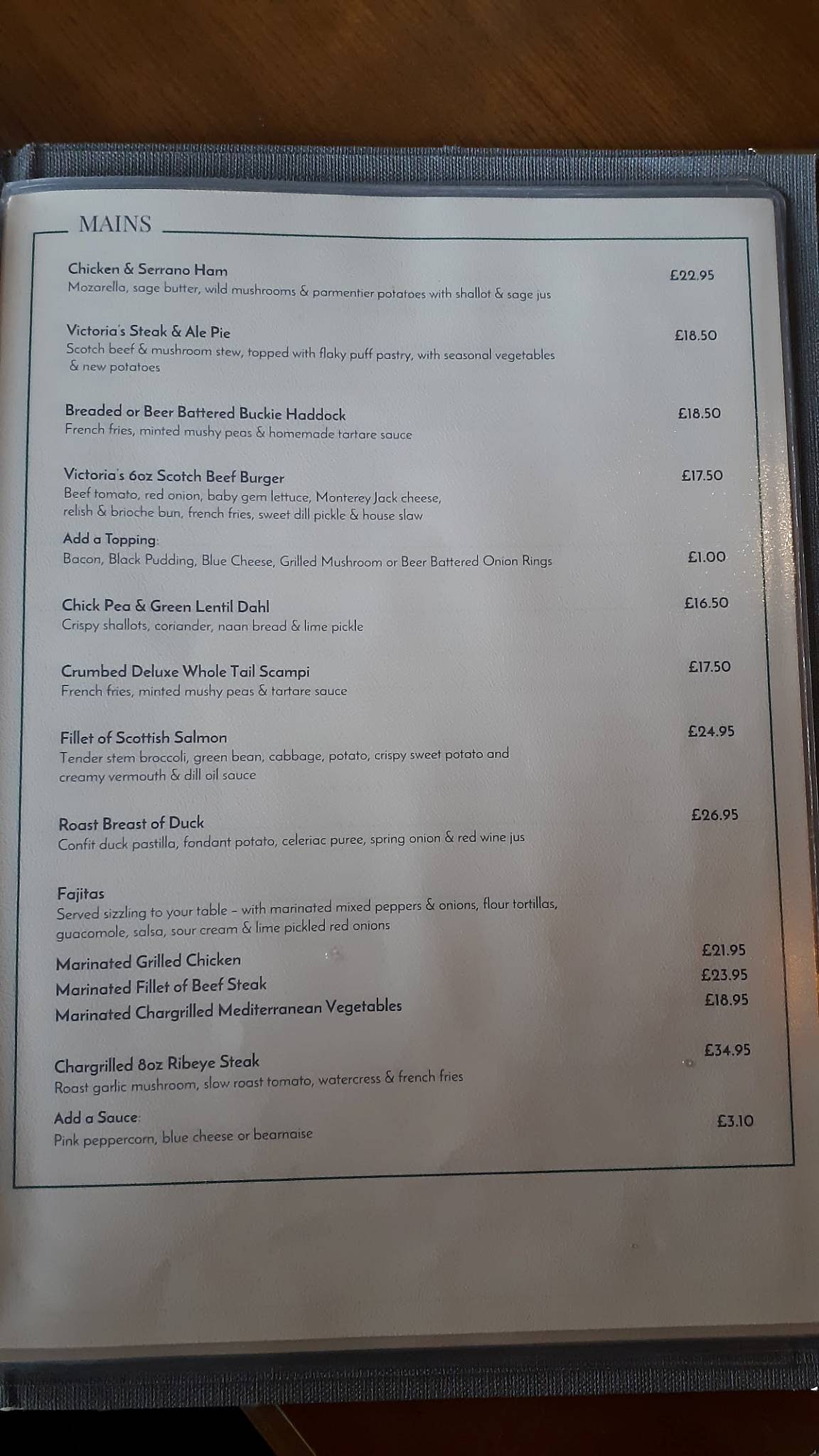 Menu at Victoria's Restaurant, Pitlochry