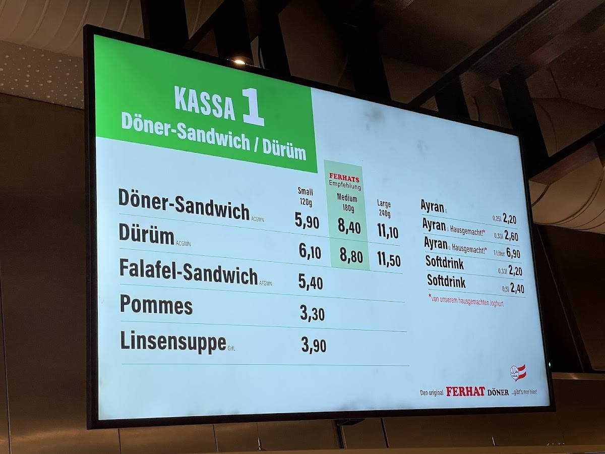 Speisekarte von FERHAT DÖNER restaurant, Wien, Favoritenstraße 94