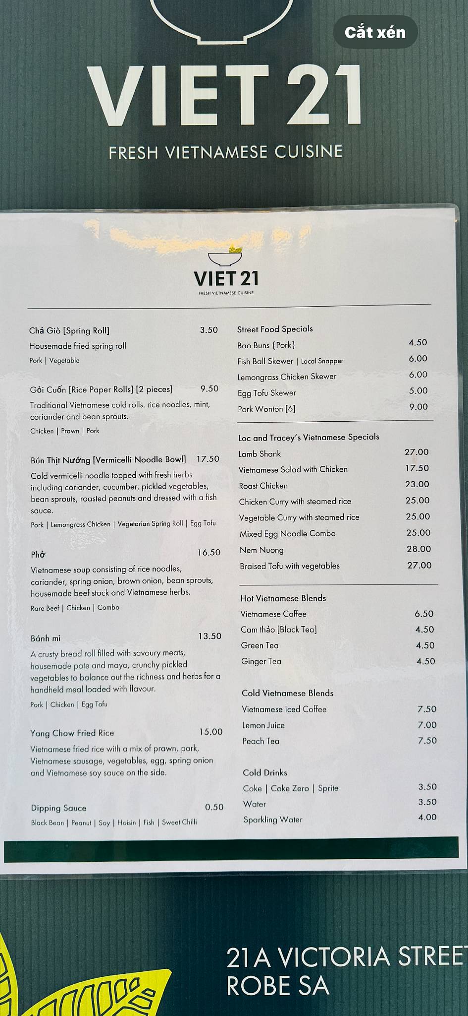 Menu at Viet 21 restaurant, Robe