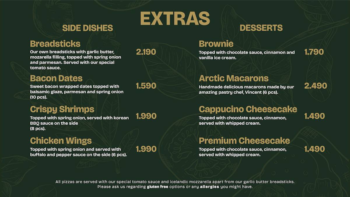 Menu at Black Crust Pizzeria, Vik
