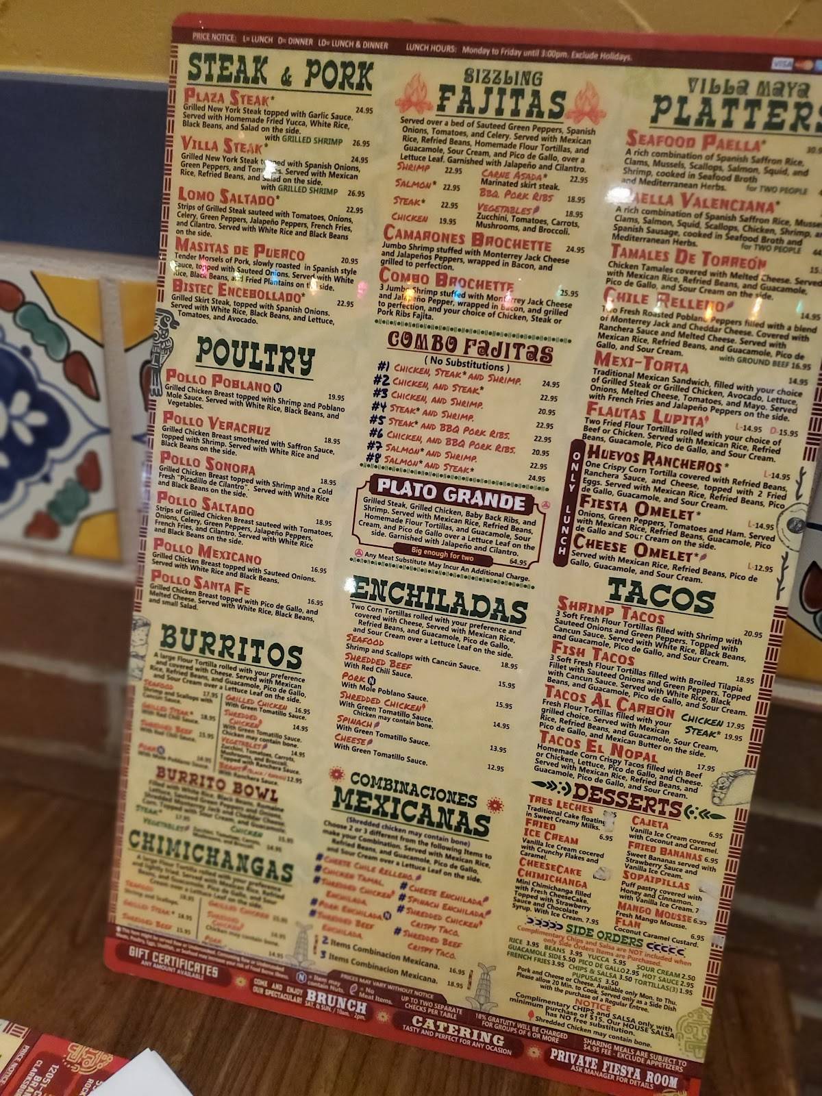 Menu at Villa Maya restaurant, Clarksburg