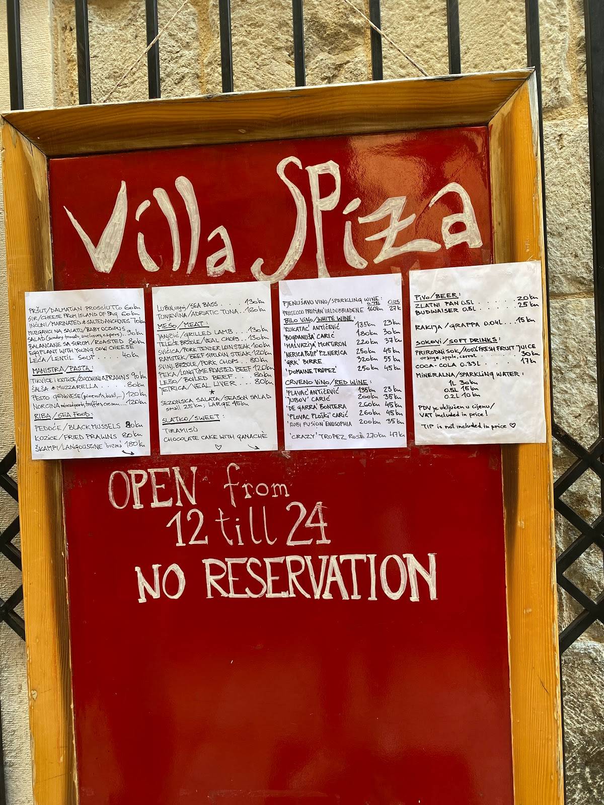 Menu at Villa Spiza restaurant, Split