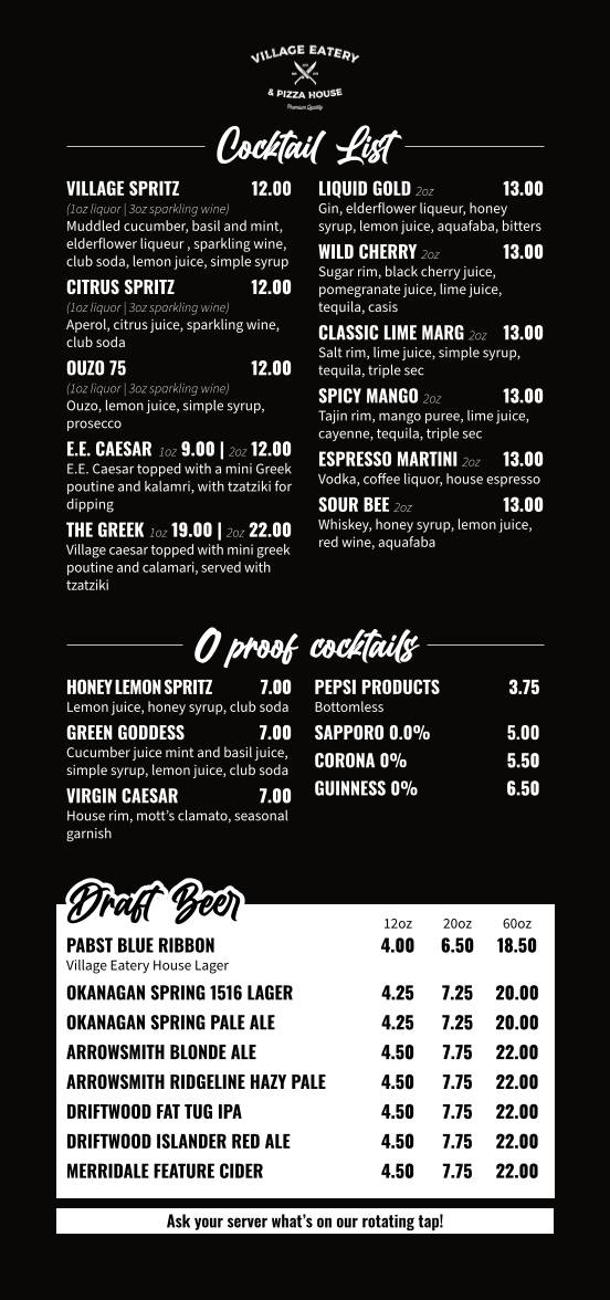 Menu at Village Eatery cafe, Qualicum Beach