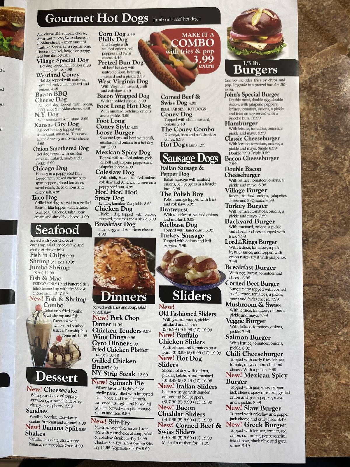 Menu at Village Gourmet Hot Dogs restaurant, Westland