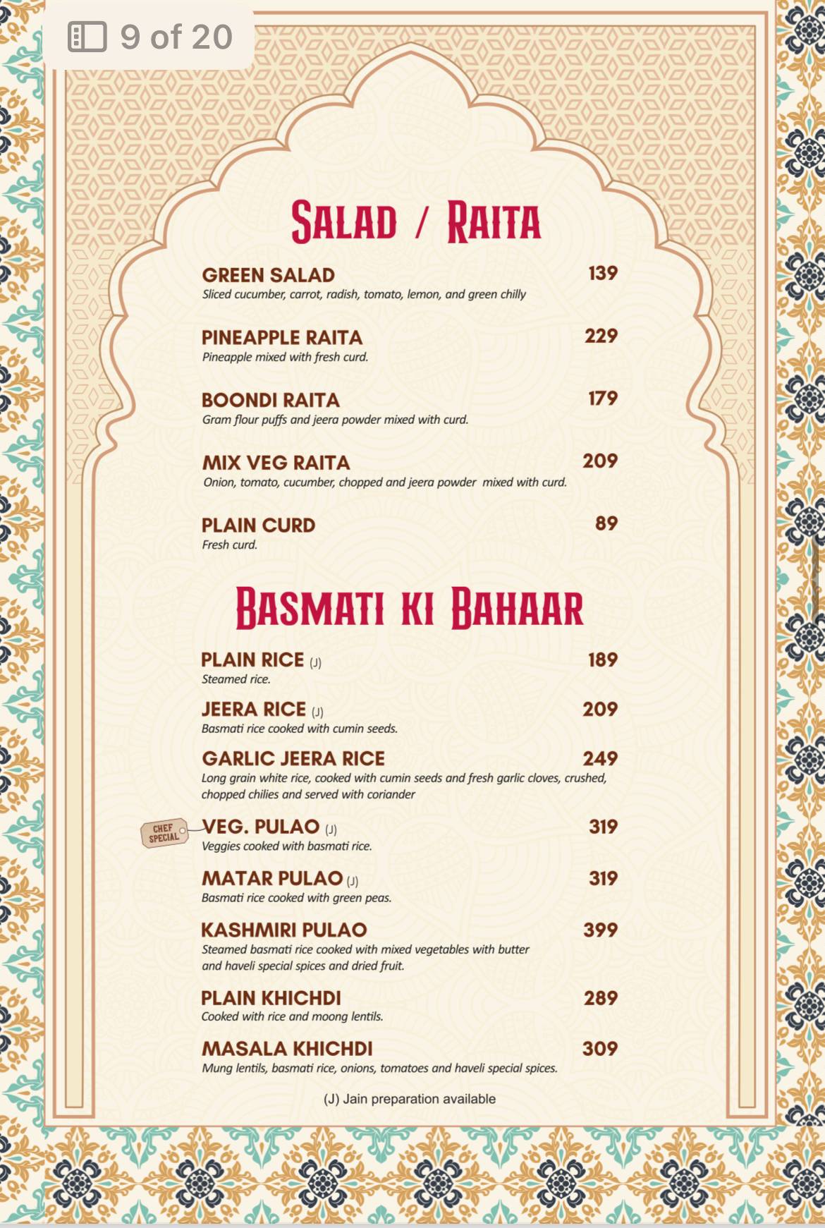 Menu at Amritsar Haveli Madhurawada, Visakhapatnam