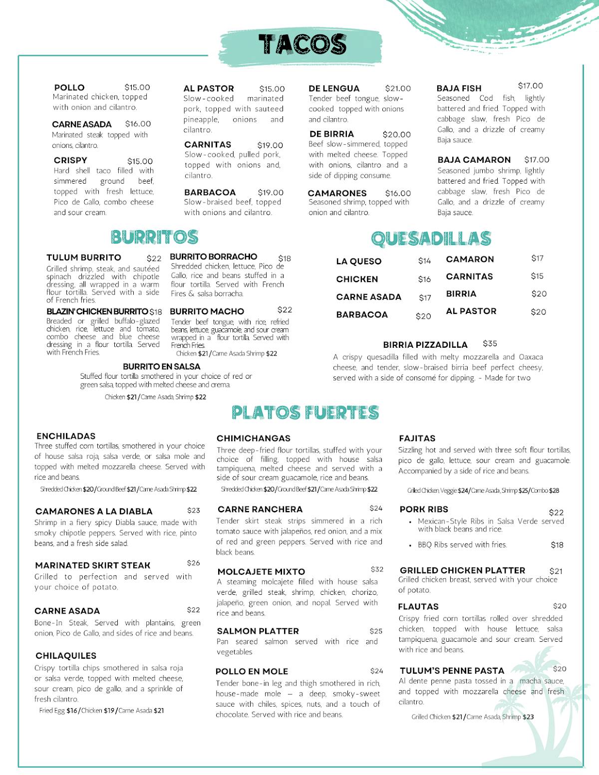 Menu at Viva Tulum restaurant, Baldwin