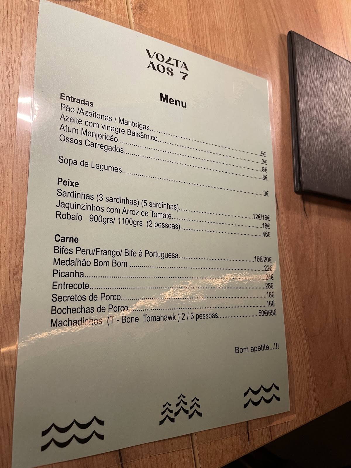 Menu em Volta aos 7 restaurante, Marinha Grande