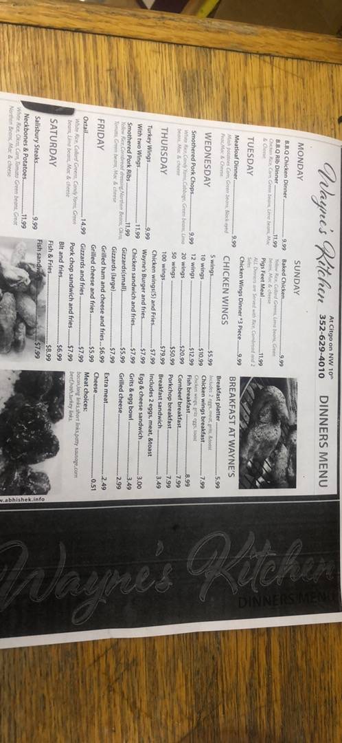 Menu at WAYNE'S KITCHEN restaurant, Ocala