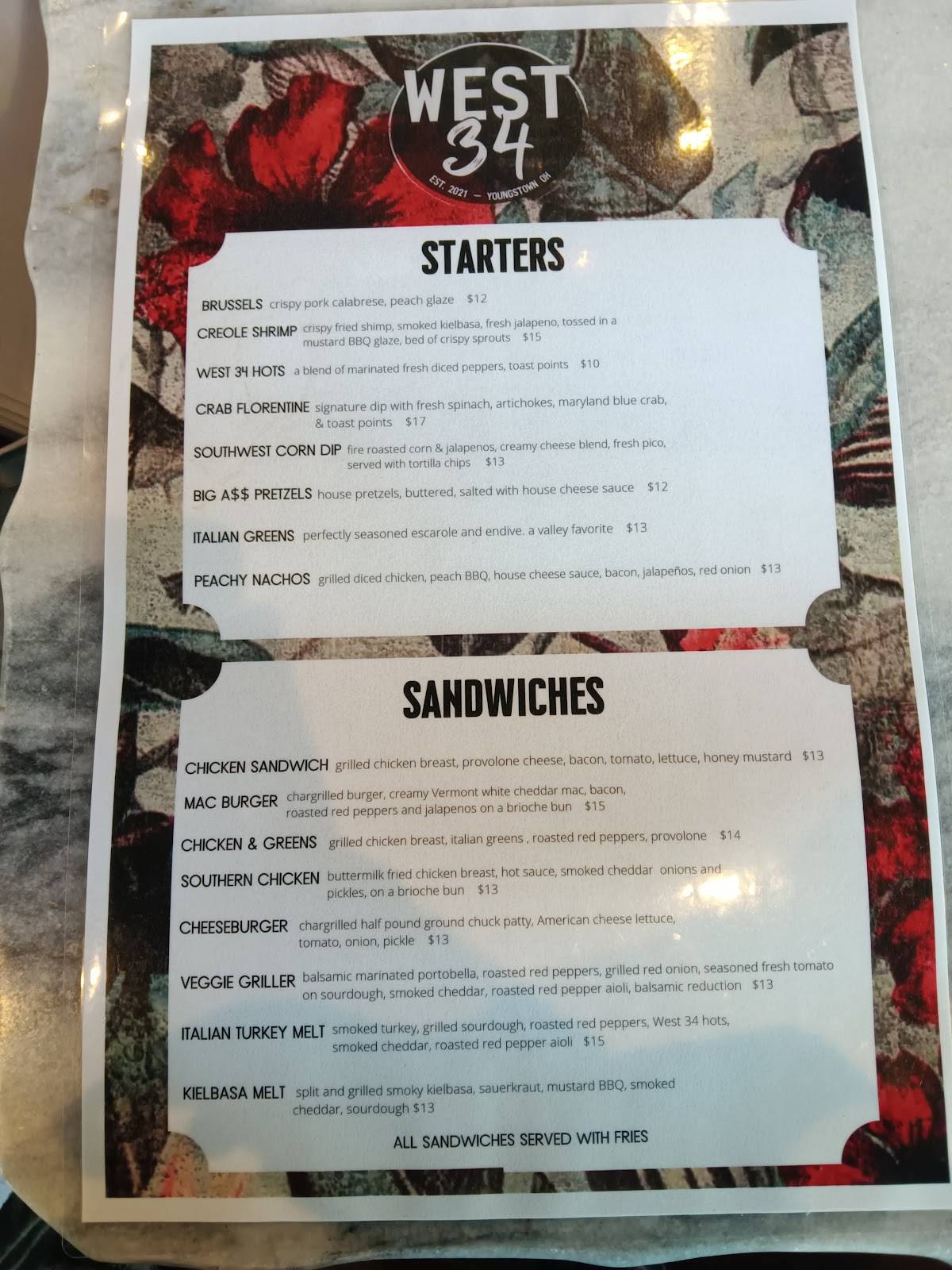 Menu at WEST 34 restaurant, Youngstown