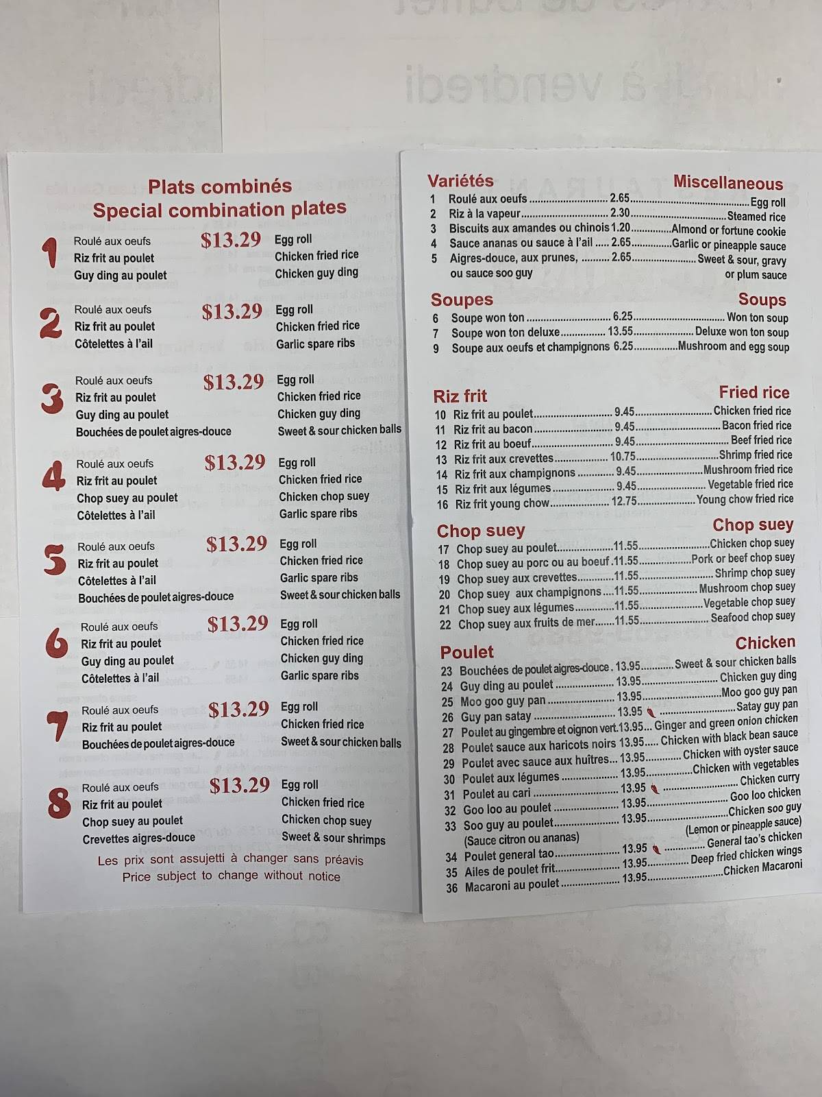 Menu au Restaurant Wa Hing Li Ho, Gatineau