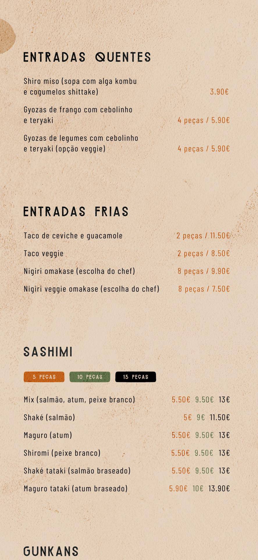 Menu at Wabi Sabi sushi experience restaurant, Lisbon