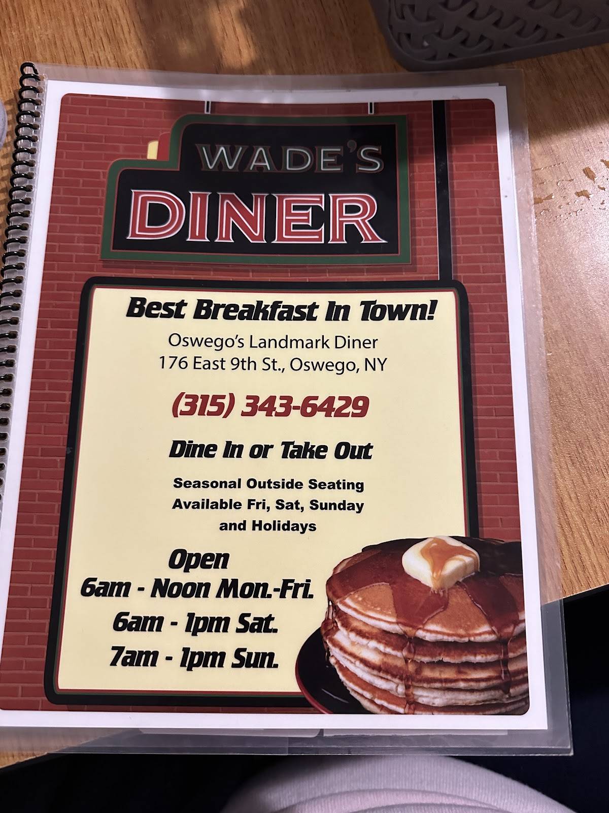 Menu at Wade's Diner restaurant, Oswego