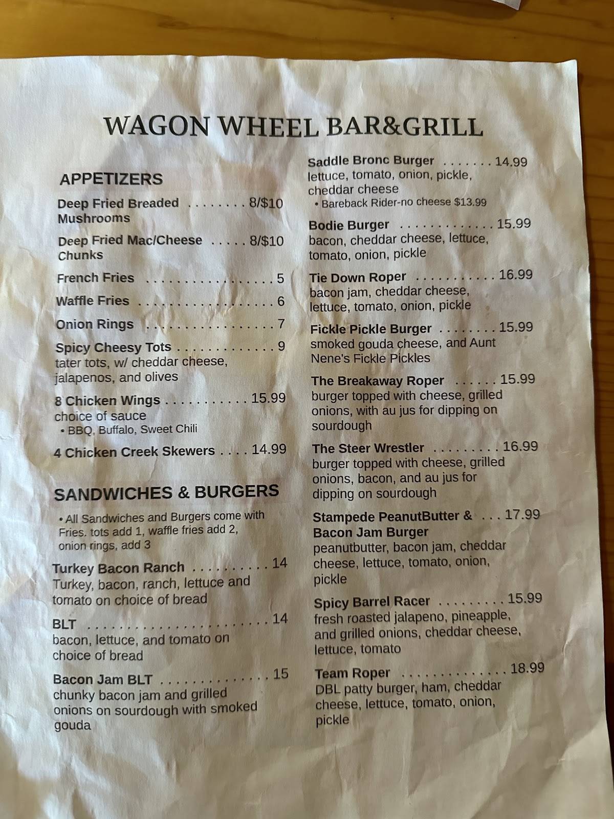 Menu at Wagon Wheel Bar & Grill, Malott