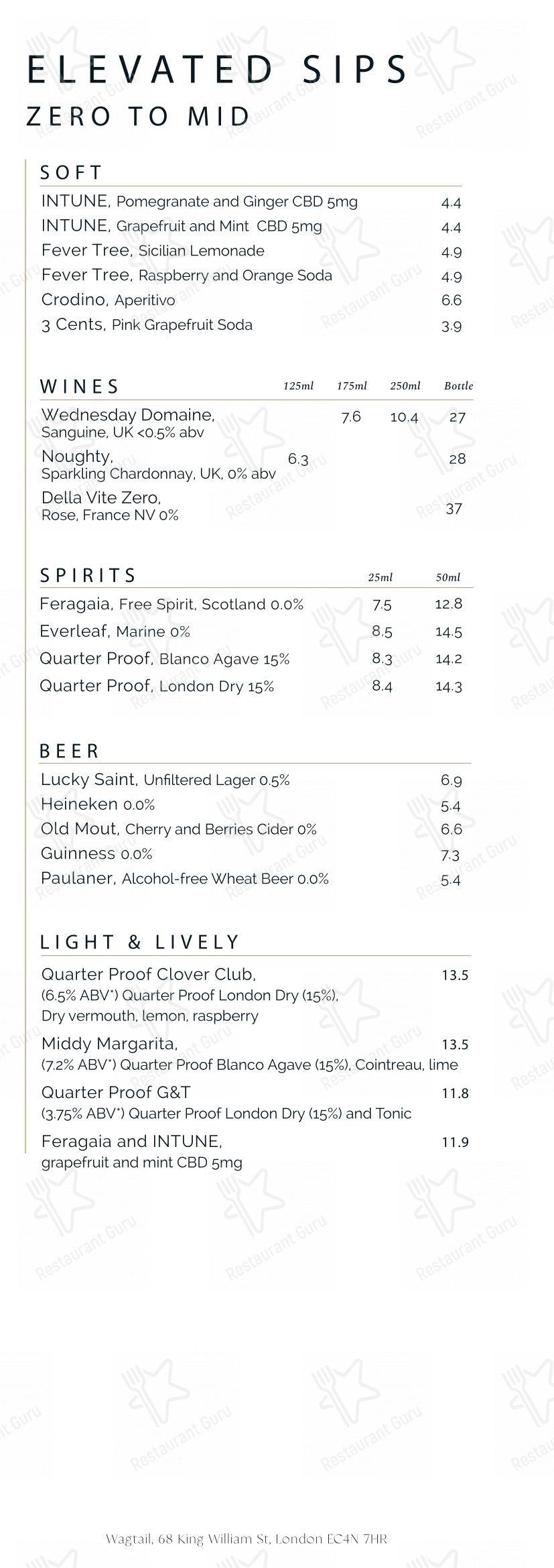 Menu at Wagtail pub & bar, London