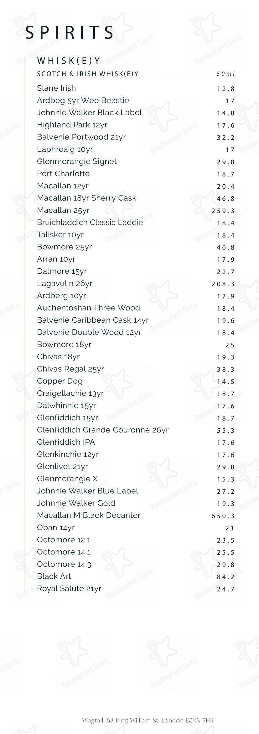Menu at Wagtail pub & bar, London
