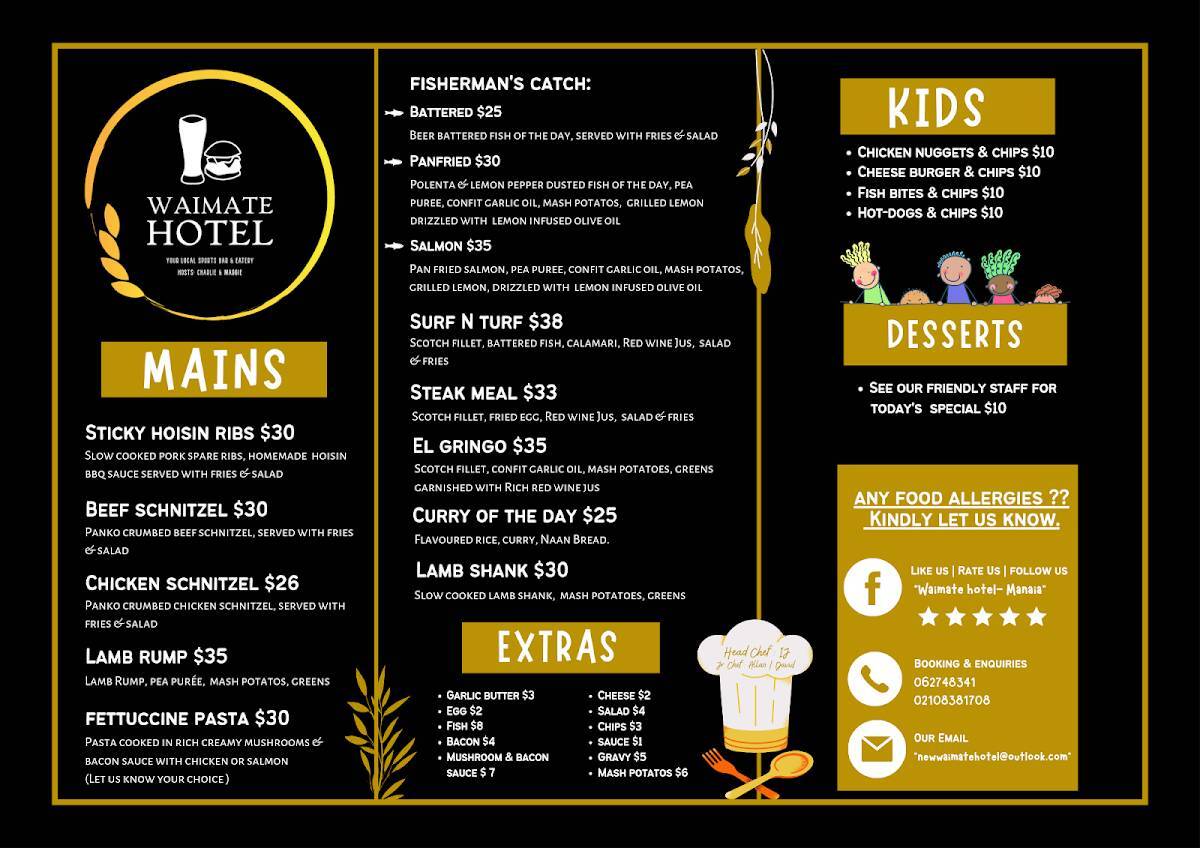 Menu at Waimate Hotel-Manaia pub & bar, Manaia