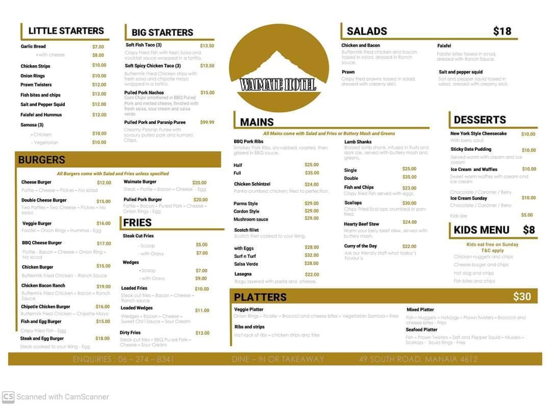 Menu at Waimate Hotel-Manaia pub & bar, Manaia