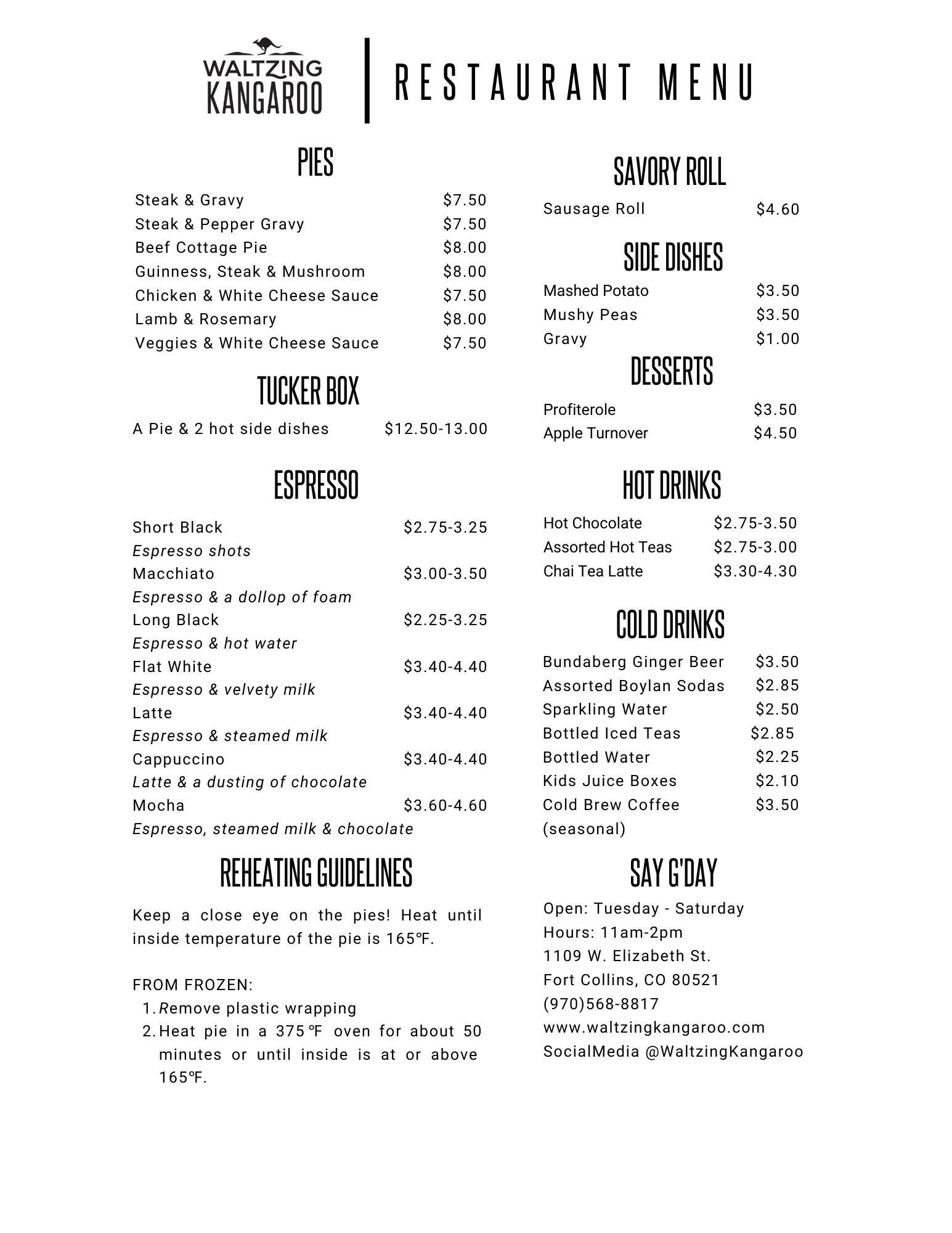 Menu at Waltzing Kangaroo cafe, Fort Collins