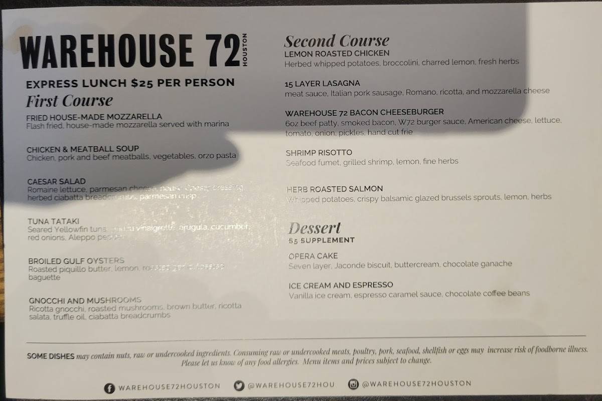 Menu at Warehouse 72 restaurant, Houston
