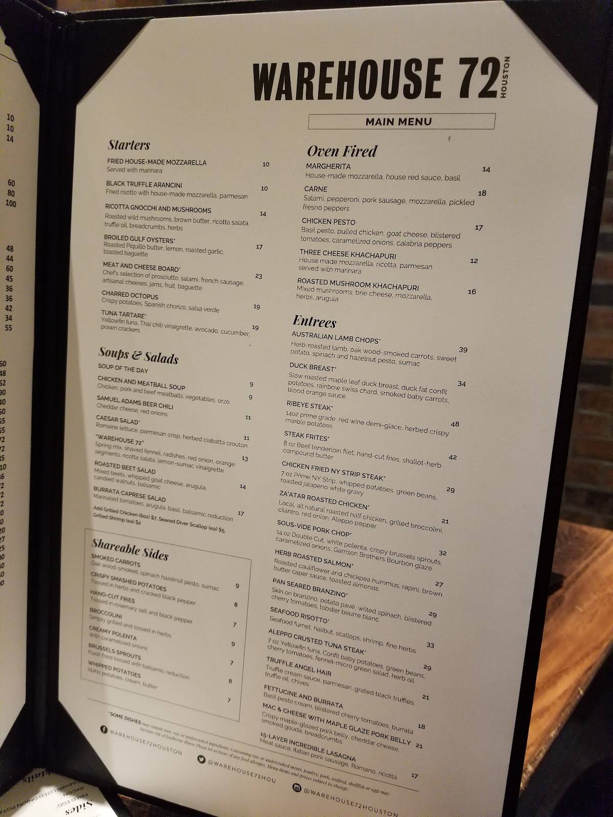 Menu at Warehouse 72 restaurant, Houston