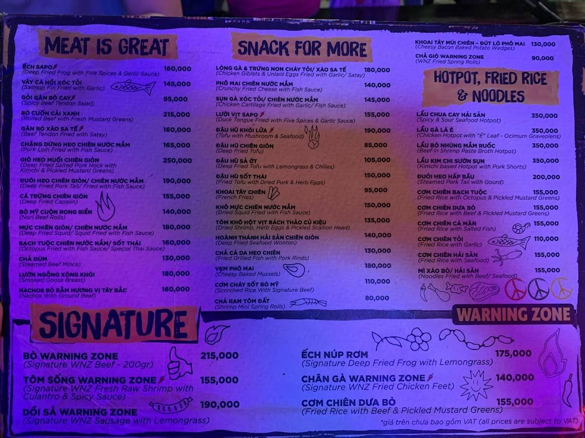 Menu at Warning Zone Garden restaurant, Ho Chi Minh City