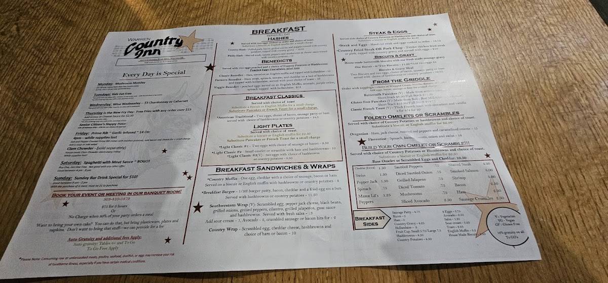 Menu at Warren Country Inn restaurant, Warren
