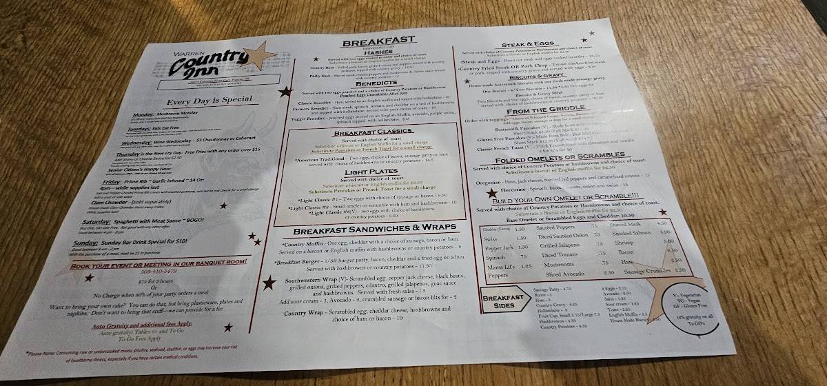 Menu at Warren Country Inn restaurant, Warren