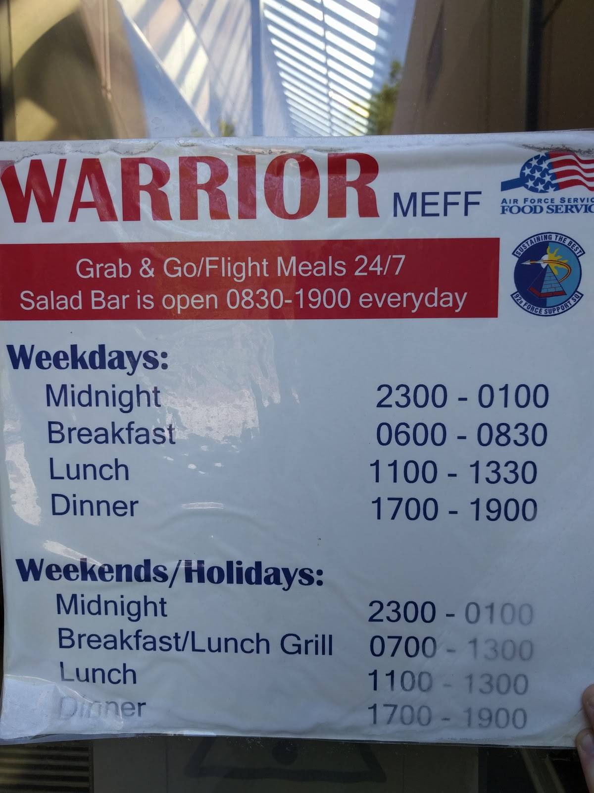 Menu at Warrior Dining Facility cafeteria, Fairchild Air Force Base