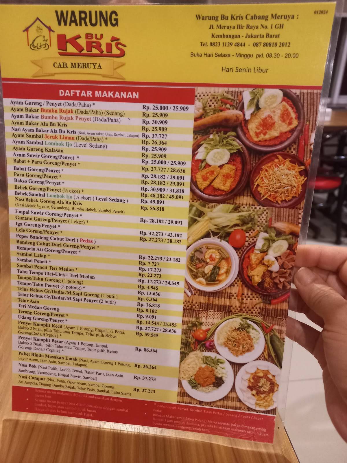 Menu at Warung Bu Kris restaurant, West Jakarta, Jl. Meruya Ilir Raya ...