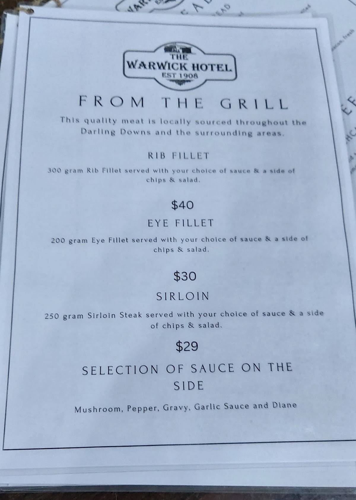 Menu at Warwick Hotel restaurant, Warwick