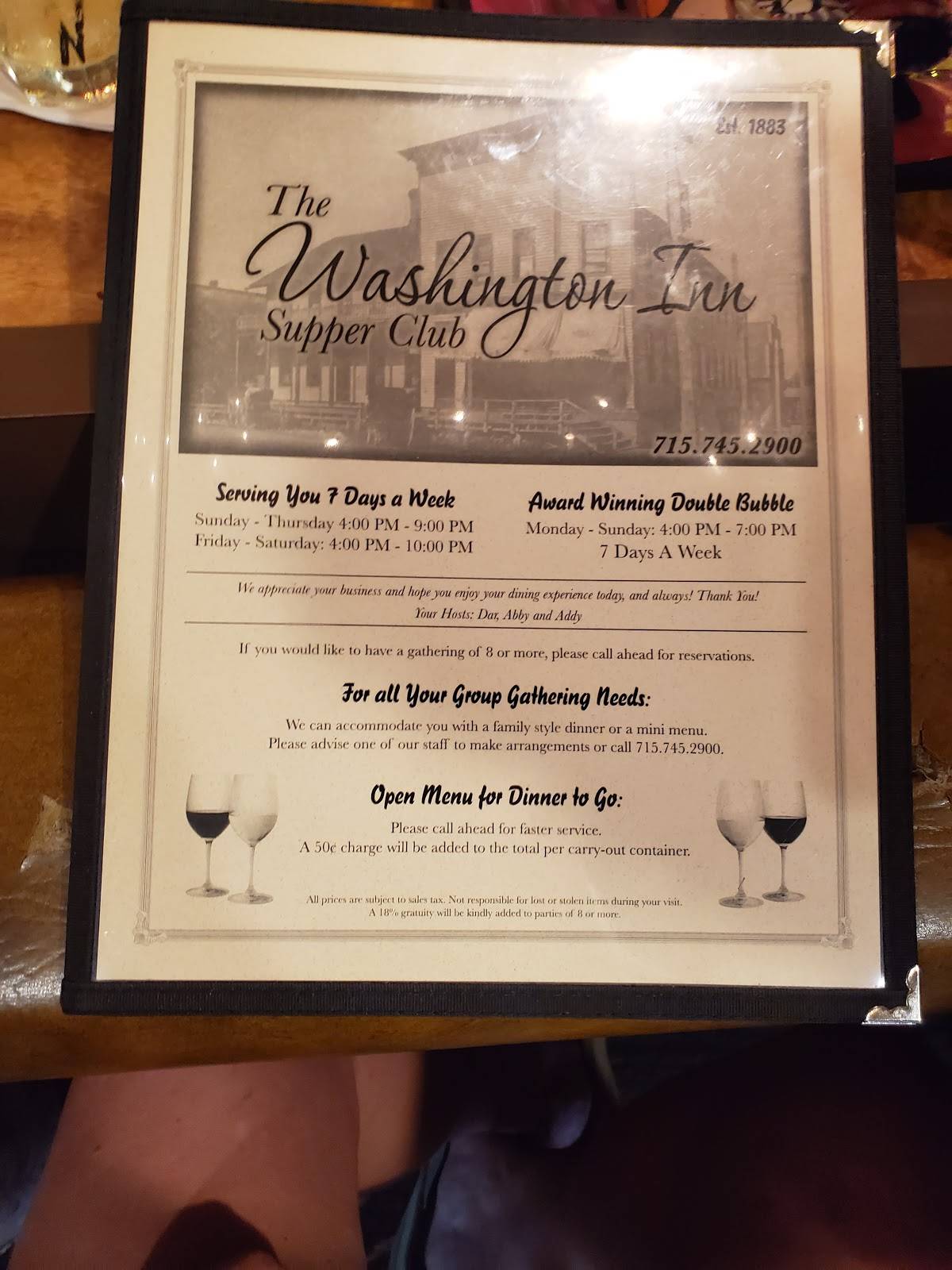 Menu at Washington Inn Supper Club, Cecil