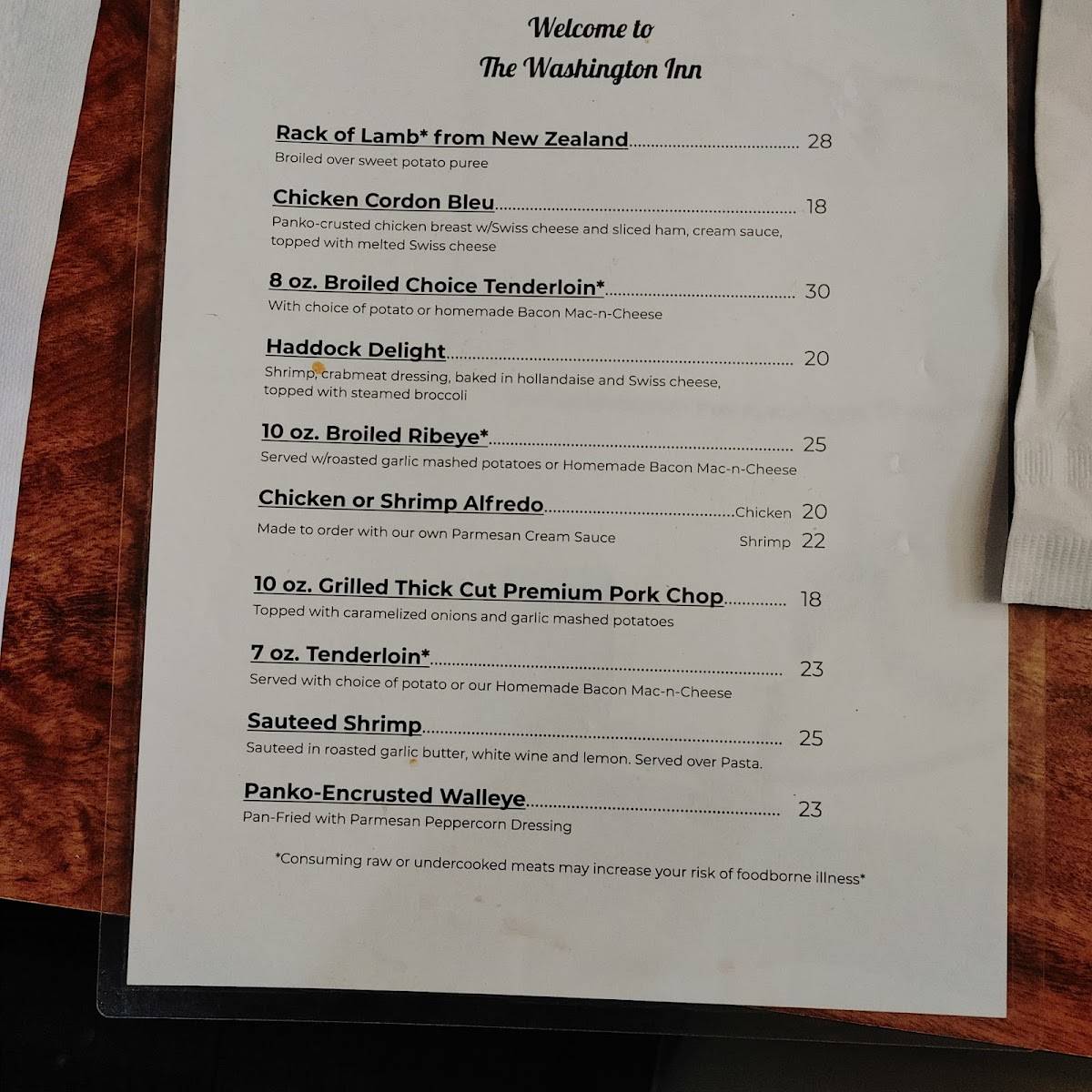 Menu at Washington Inn Supper Club, Cecil