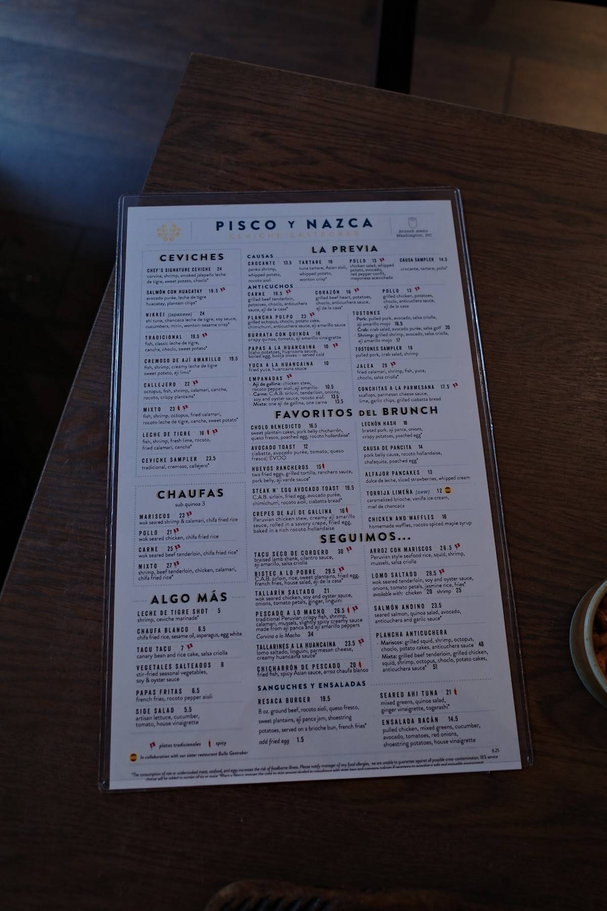 Menu at Pisco y Nazca Ceviche Gastrobar, Washington