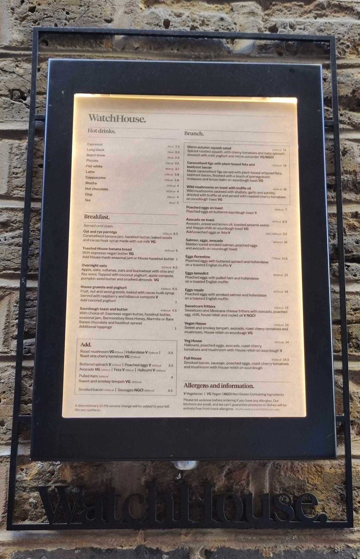 Menu at WatchHouse Tower Bridge cafe, London, 37 Shad Thames